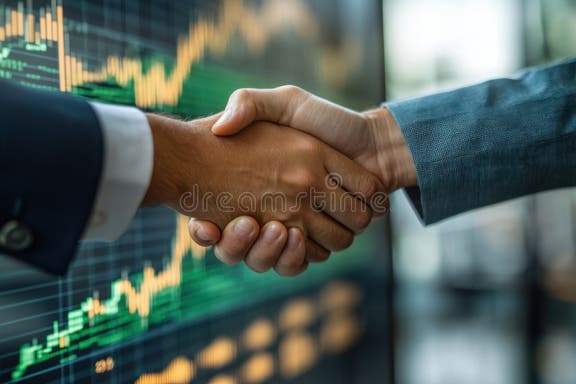Two Men Shaking Hands in Front of a Computer Screen with Graphs on it ...