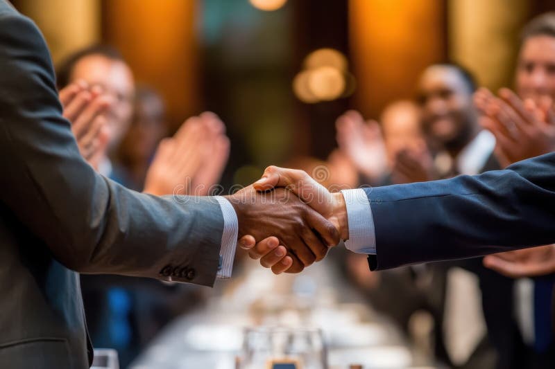 Two Men Shaking Hands in Front of a Group of People Clapping Stock ...