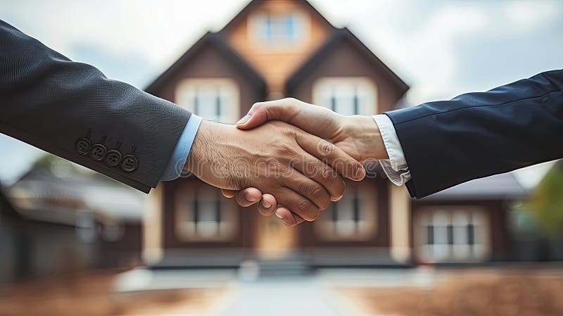 Two Men Shaking Hands in Front of a House Stock Illustration ...