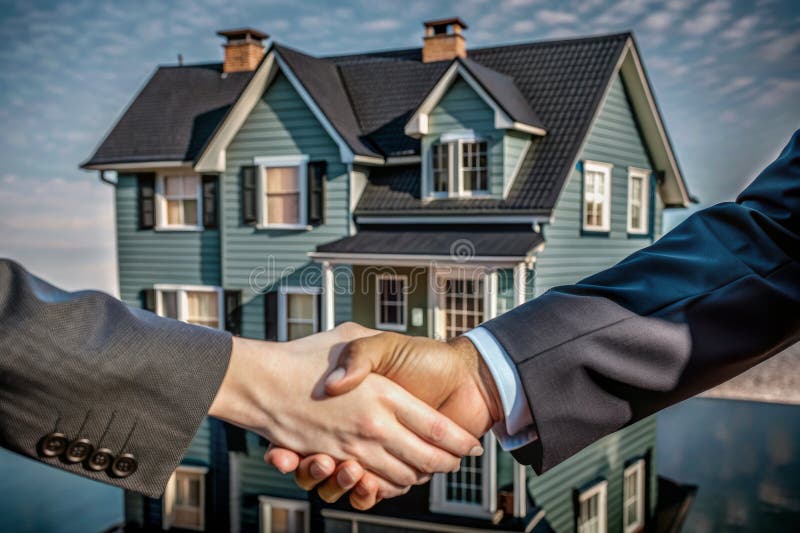 Two Men Shaking Hands in Front of a House Stock Illustration ...