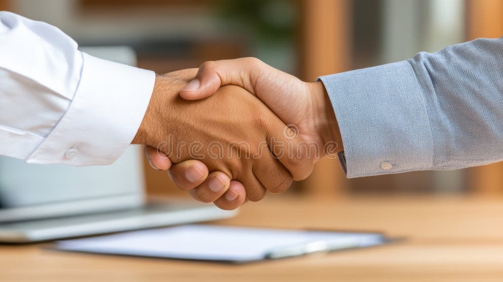 Two Men Shaking Hands in Front of a Laptop Computer, AI Stock Image ...