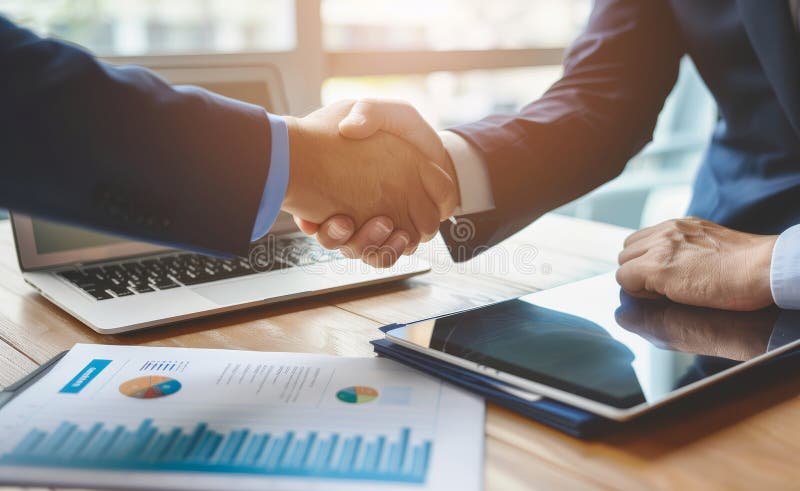 Two Men Shaking Hands in Front of a Laptop and a Tablet by AI Generated ...
