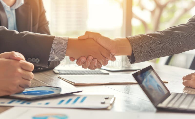 Two Men Shaking Hands in Front of a Laptop and a Tablet by AI Generated ...