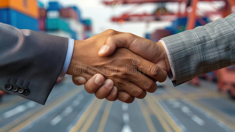 Two Men Shaking Hands in Front of a Large Container Ship Stock Image ...