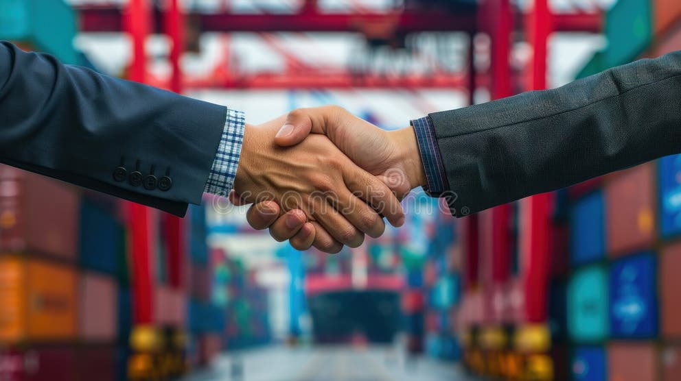 Two Men Shaking Hands in Front of a Large Container Ship Stock Image ...