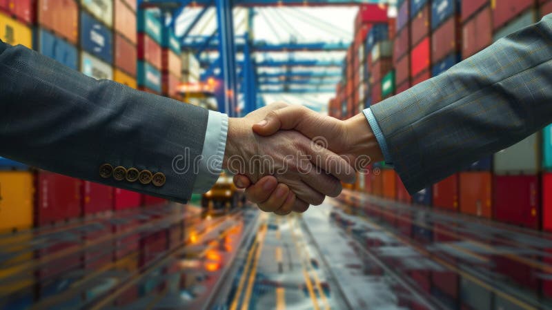 Two Men Shaking Hands in Front of a Large Container Ship Stock Photo ...