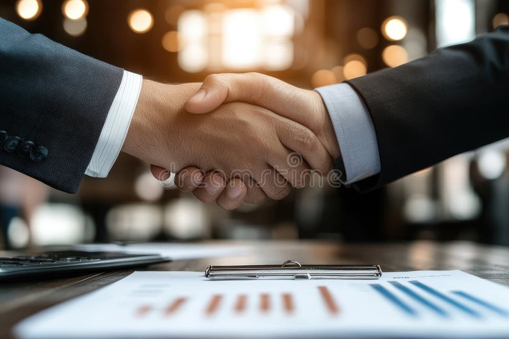 Two Men Shaking Hands in Front of a Table with Papers and a Pen Stock ...