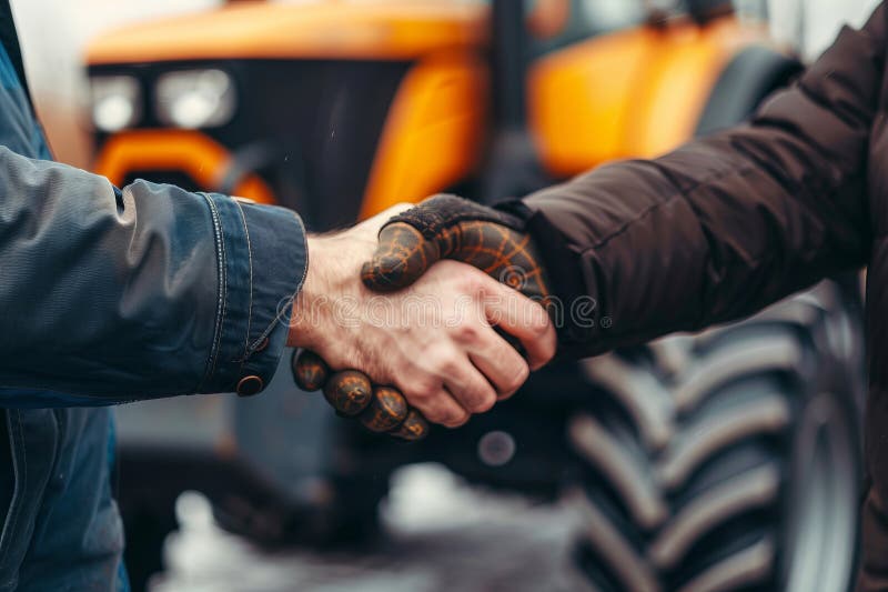 Two Men Shaking Hands in Front of a Tractor Stock Illustration ...