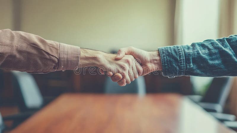 Two Men Shaking Hands in Front of a Wooden Table, AI Stock Image ...