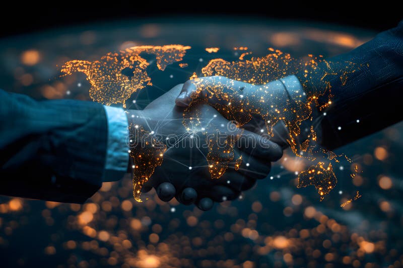 Two Men Shaking Hands with Global Map in Atmospheric Setting Stock ...