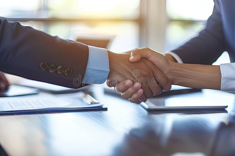 Two Men Shaking Hands Over a Table with a Graph, a Business Meeting ...