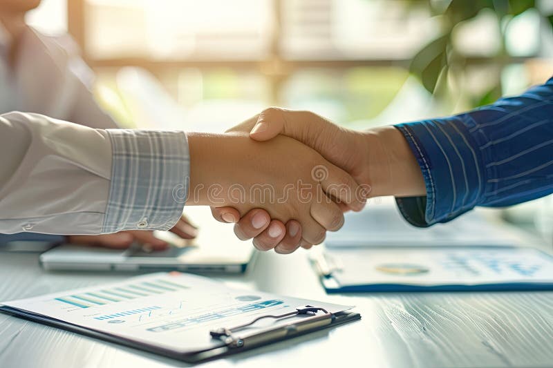 Two Men Shaking Hands Over a Table with a Graph, a Business Meeting ...