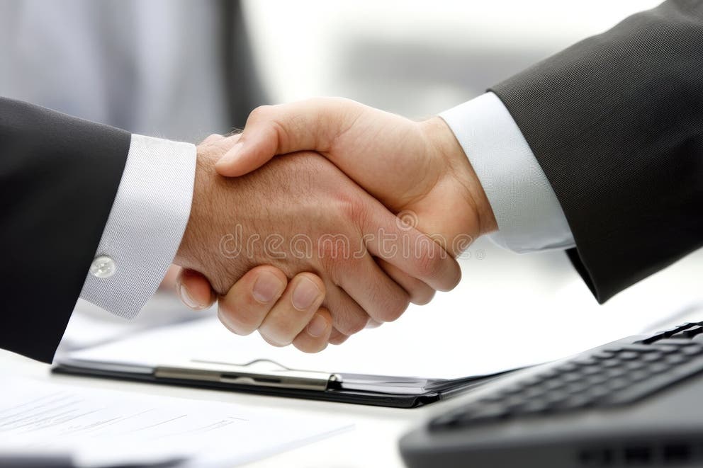 Two Men are Shaking Hands Over a Table that Has a Pen Placed on it ...