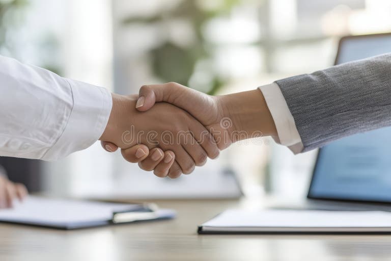 Two Men are Shaking Hands Over a Table that Has a Pen Placed on it ...