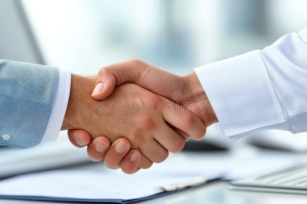 Two Men are Shaking Hands Over a Table that Has a Pen Placed on it ...