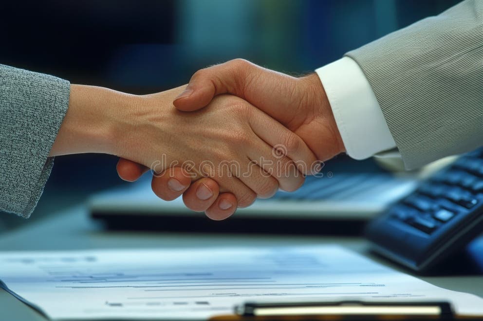 Two Men are Shaking Hands Over a Table that Has a Pen Placed on it ...