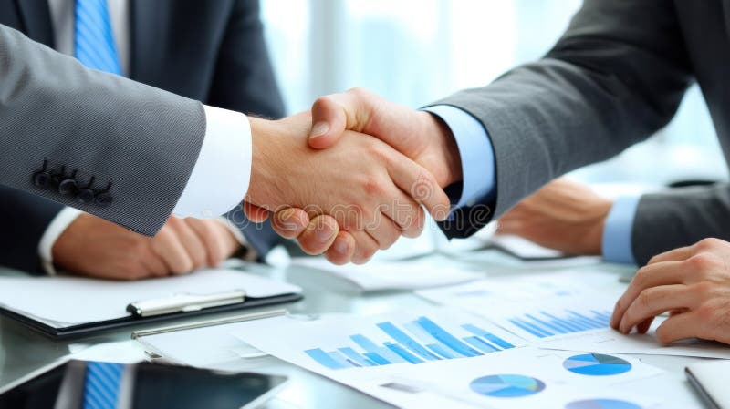 Two Men Shaking Hands Over a Table with Papers Stock Illustration ...