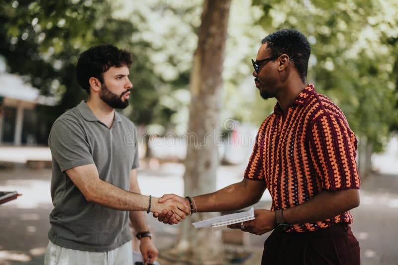 Two Men Shaking Hands in a Park, Building Trust and Making a Friendly ...
