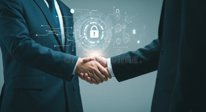 Two Men Shaking Hands with a Security Symbol in the Middle Stock Image ...