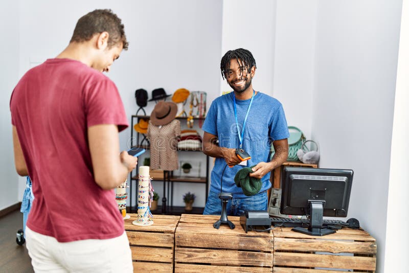Two Men Shopkeeper and Customer Using Smartphone and Barcode Reader at ...