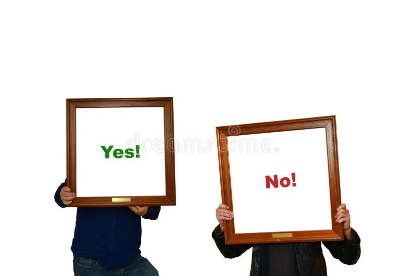 Two men with signs yes-no stock photo. Image of frame - 75353270