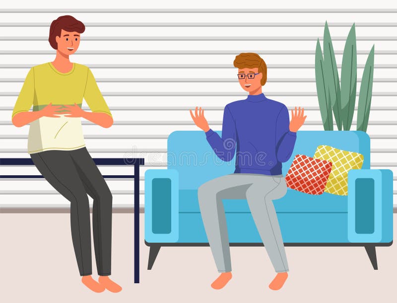 Two Men Sit on Couch and Communicate. People Talk, Spend Time Together ...