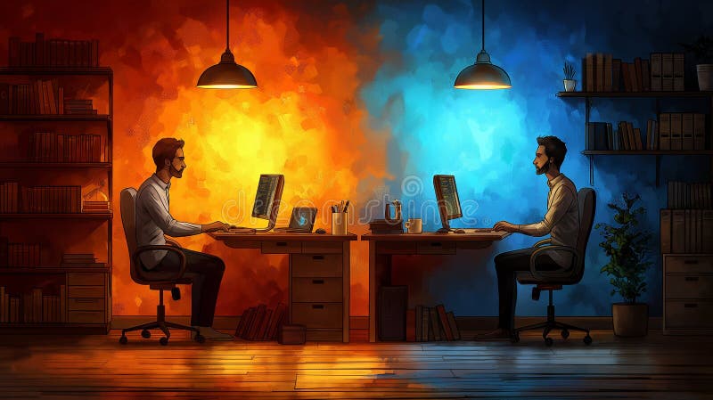 Two Men Sit at Desks in a Room with a Blue Wall and Orange Wall Stock ...