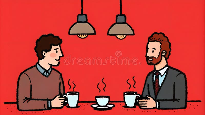 Two Businessmen Enjoying Coffee Break Meeting Discussion Red Background ...