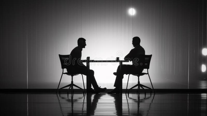 Two Men Sitting at a Table in the Dark with Their Backs To Each Other ...