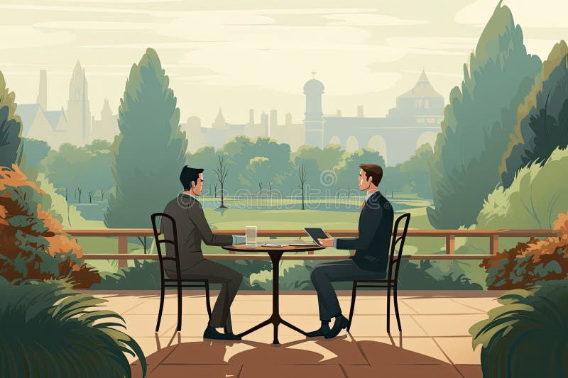 Two Men are Sitting at a Table in a Park, Engaged in Conversation ...
