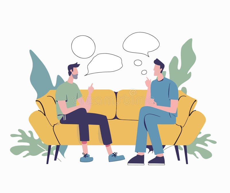 Two Men Sitting on Yellow Sofa Having Discussion with Speech Bubbles ...