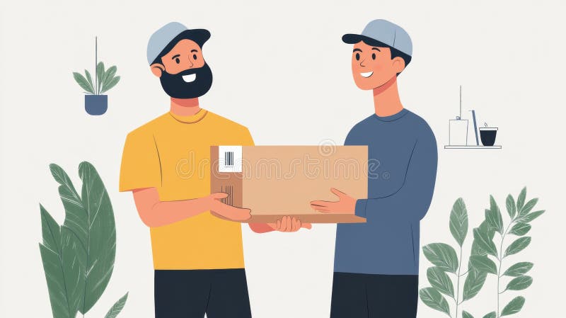 Two Men Smiling while Exchanging a Cardboard Package Indoors Stock ...