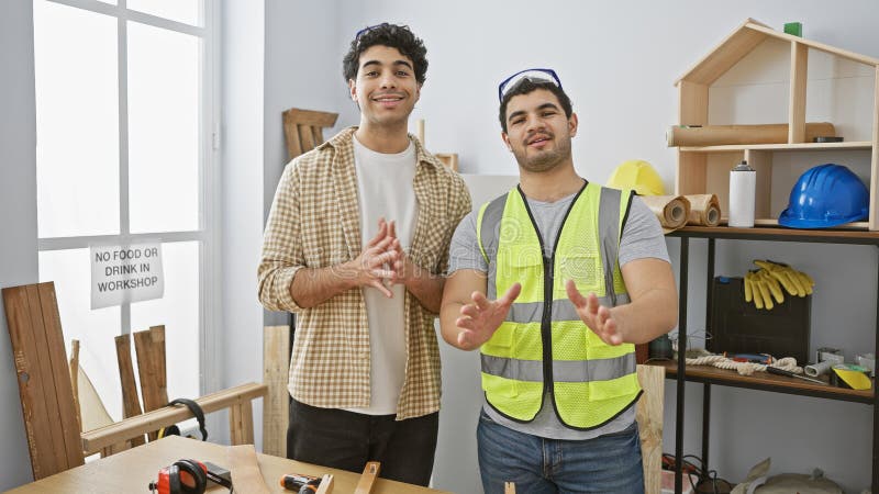 Two Men, Smiling and Gesturing in a Well-equipped Carpentry Workshop ...