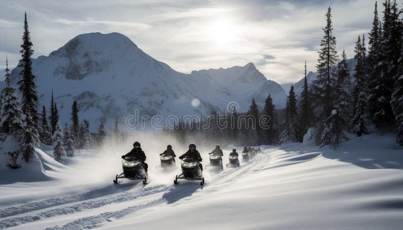 Two Men Speed Down Mountain Peak on Snowmobiles, Winter Adventure ...