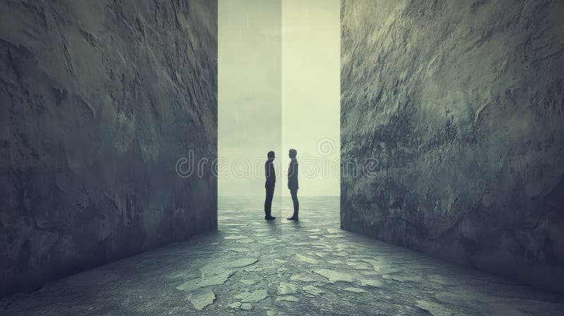 Two Men Stand Facing Each Other in a Concrete Maze Symbolizing a Choice ...