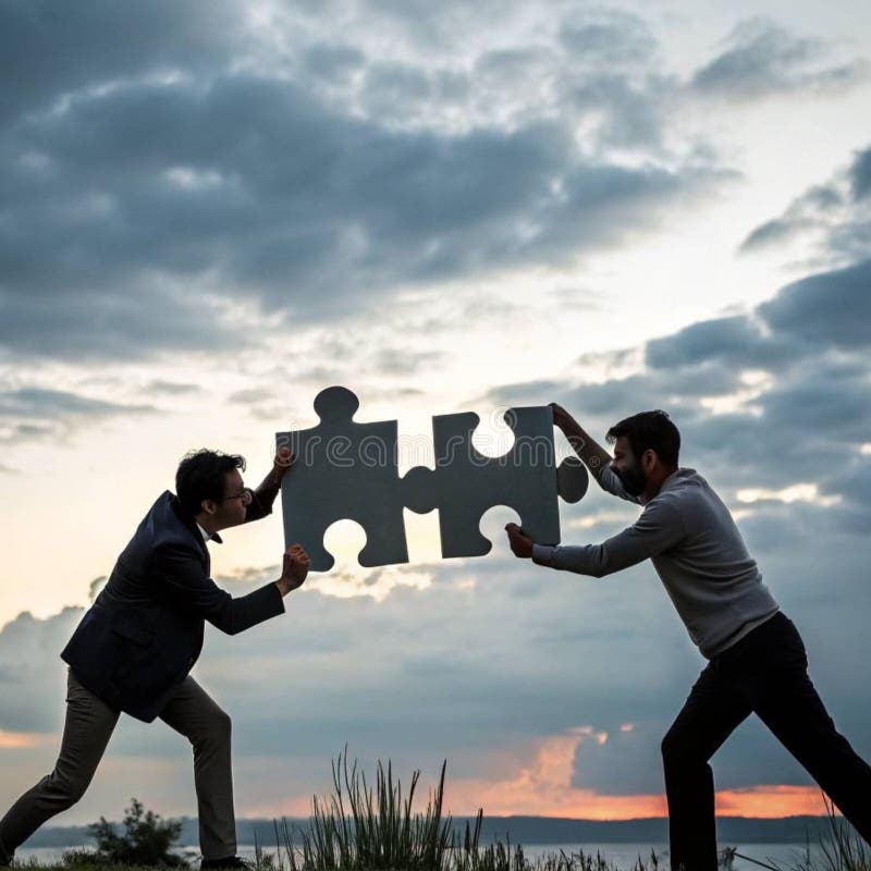 Two Men Connect Two Puzzle Pieces. Concept of Business Solution ...