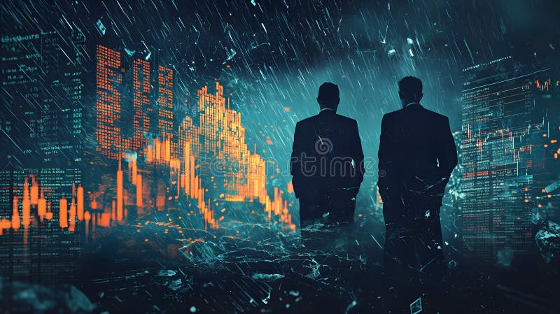 Businessmen Walking through Digital Rain Stock Market Data Risk Future ...