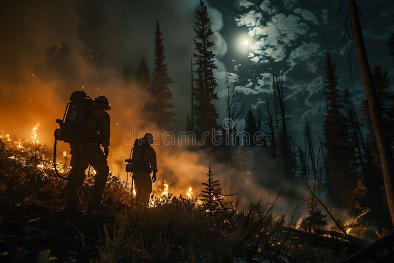 Two Men are Standing in Front of a Forest Fire at Night Stock ...