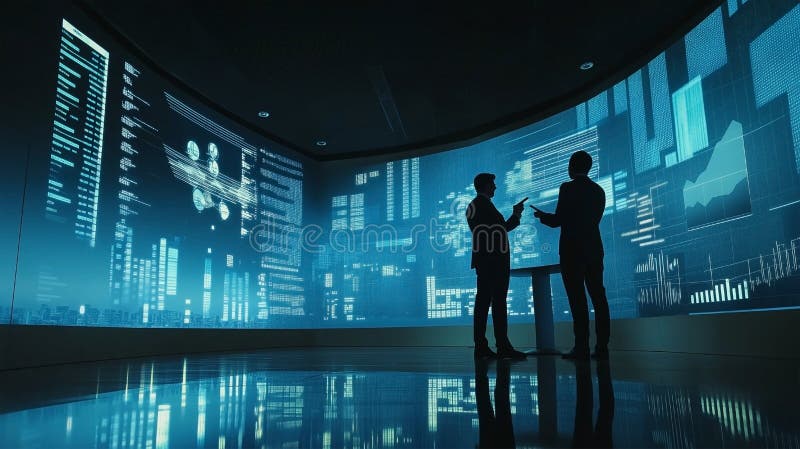 Two Men are Standing in Front of a Large Screen with a Lot of Numbers ...