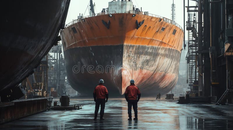 Two Men are Standing in Front of a Large Ship Located in a Busy ...