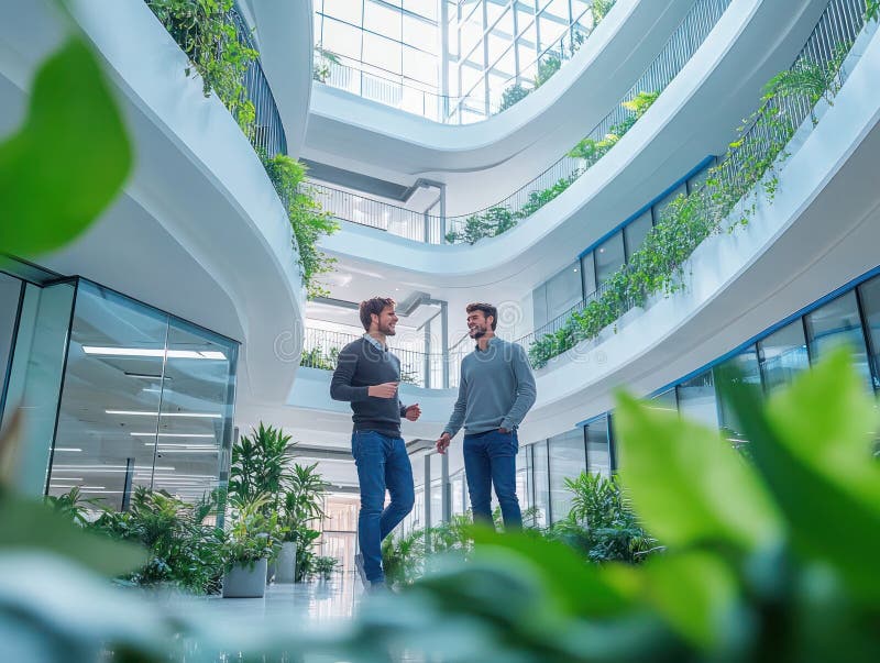 Two Men are Standing in a Large, Open Space with Plants Stock ...