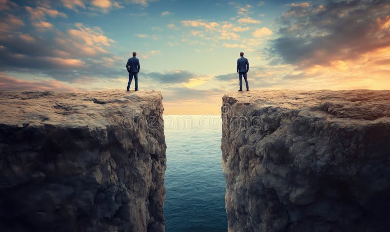 Two Men Standing on Opposite Cliffs Overlooking Calm Ocean at Sunset ...