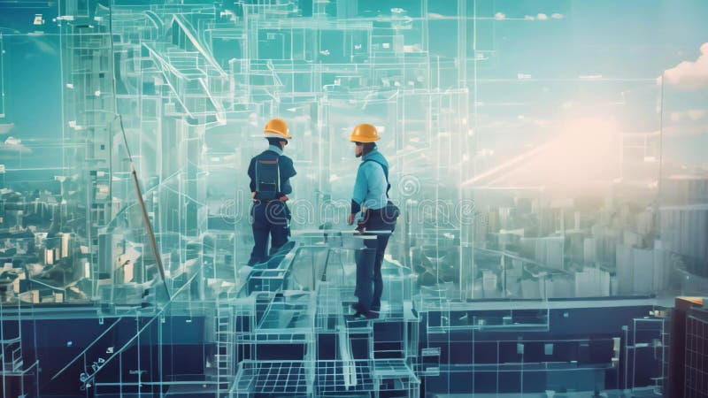 Two Men Standing on Top of a Tall Building, Contractors at Work on a ...