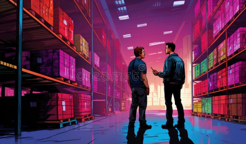 Two Men Standing in a Warehouse with Boxes. AI Stock Illustration ...