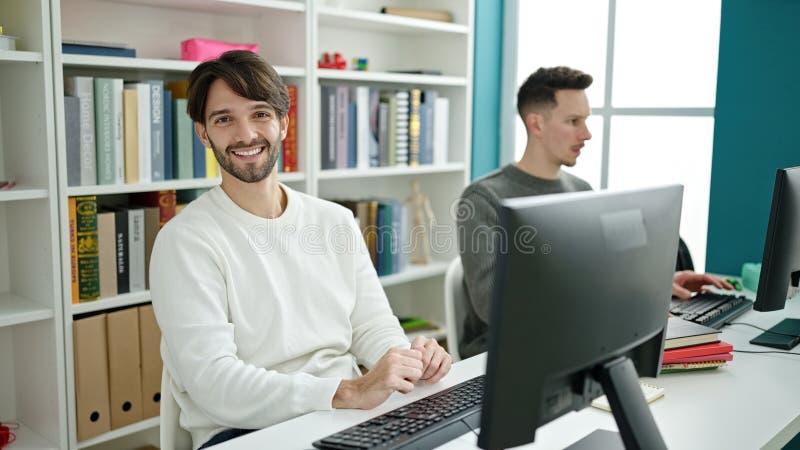 Two Men Students Using Computer Studying at Library University Stock ...