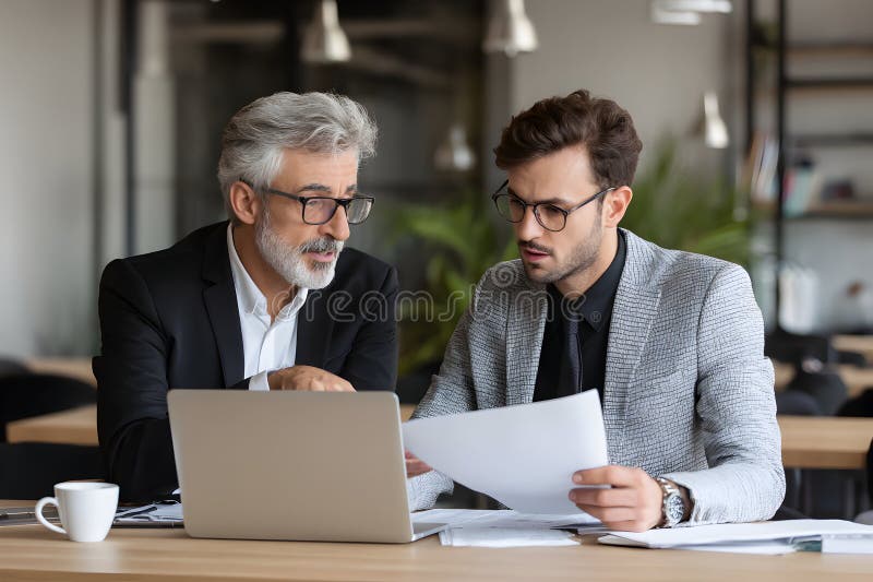 Two Men in Suits Analyzing Documents and Laptop in a Modern Office ...