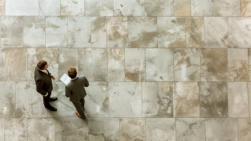 Two Men in Suits are Having a Discussion with Documents on a Marble Floor, Viewed from Above in ...