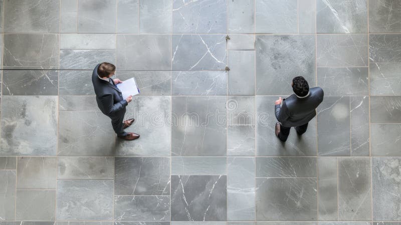 Two Men in Suits are Having a Discussion with Documents on a Marble Floor, Viewed from Above in ...