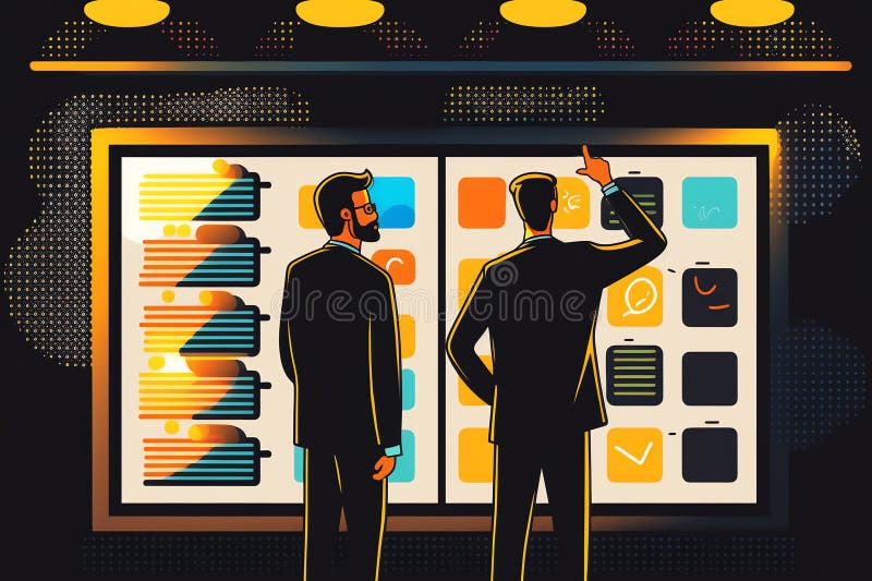 Two Men in Suits are Looking at a Screen with Icons on it Stock ...