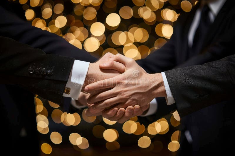 Two Men in Suits Shake Hands with a Blurred Background of Golden Lights, Honoring Your ...